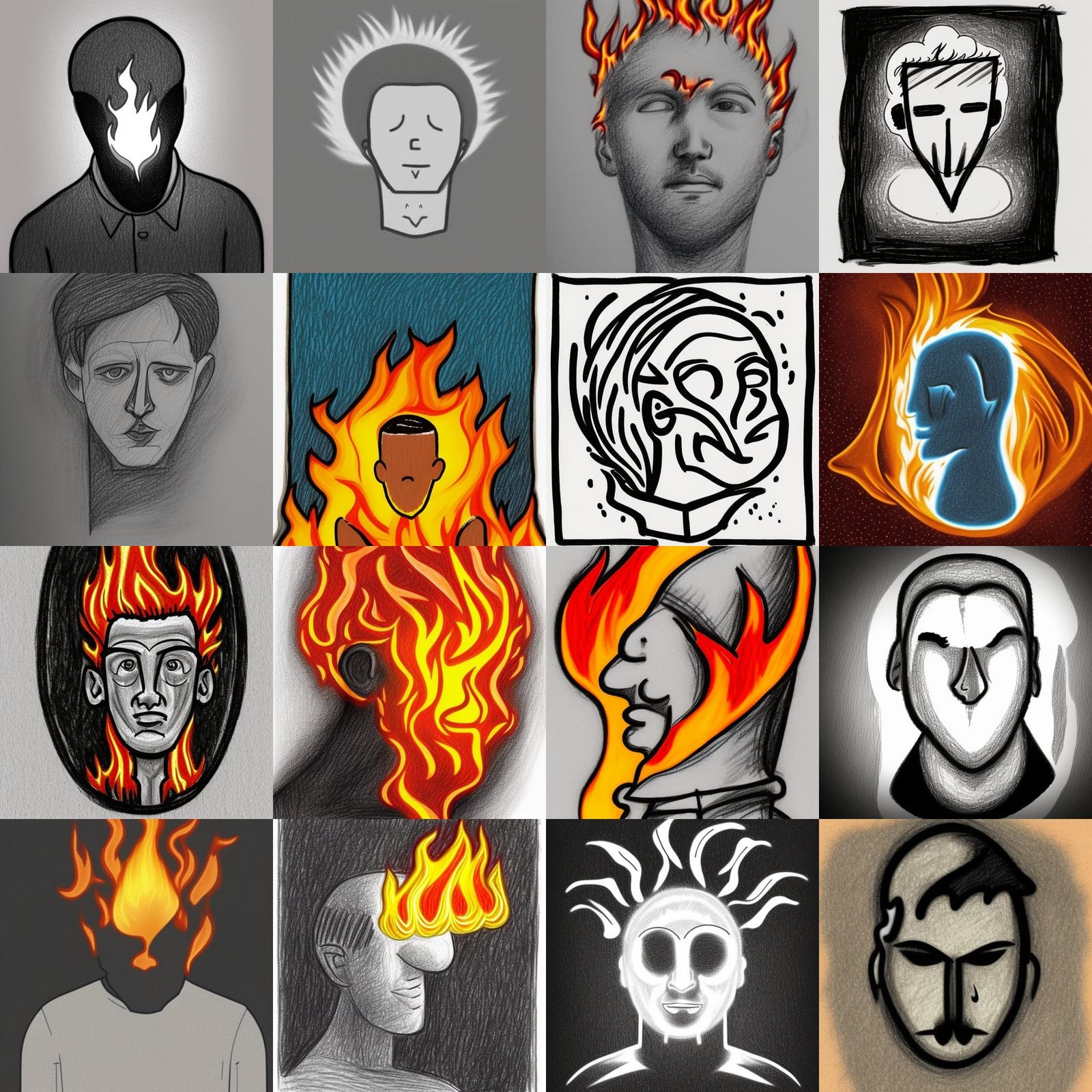 simple drawing of a man with a head made of fire - AI Generated Artwork ...