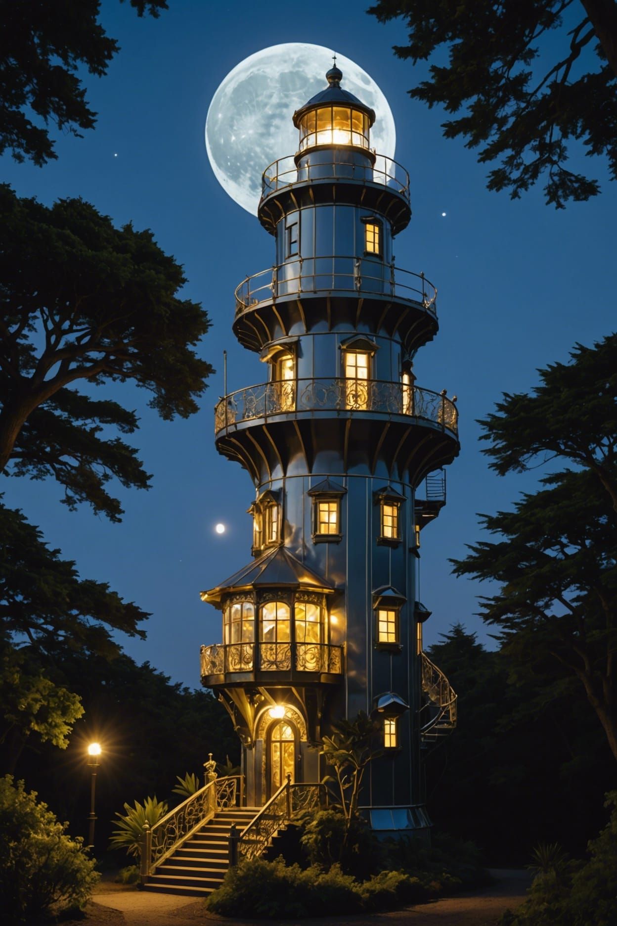 A treehouse lighthouse that is a treehouse, elaborate and ornate, art ...