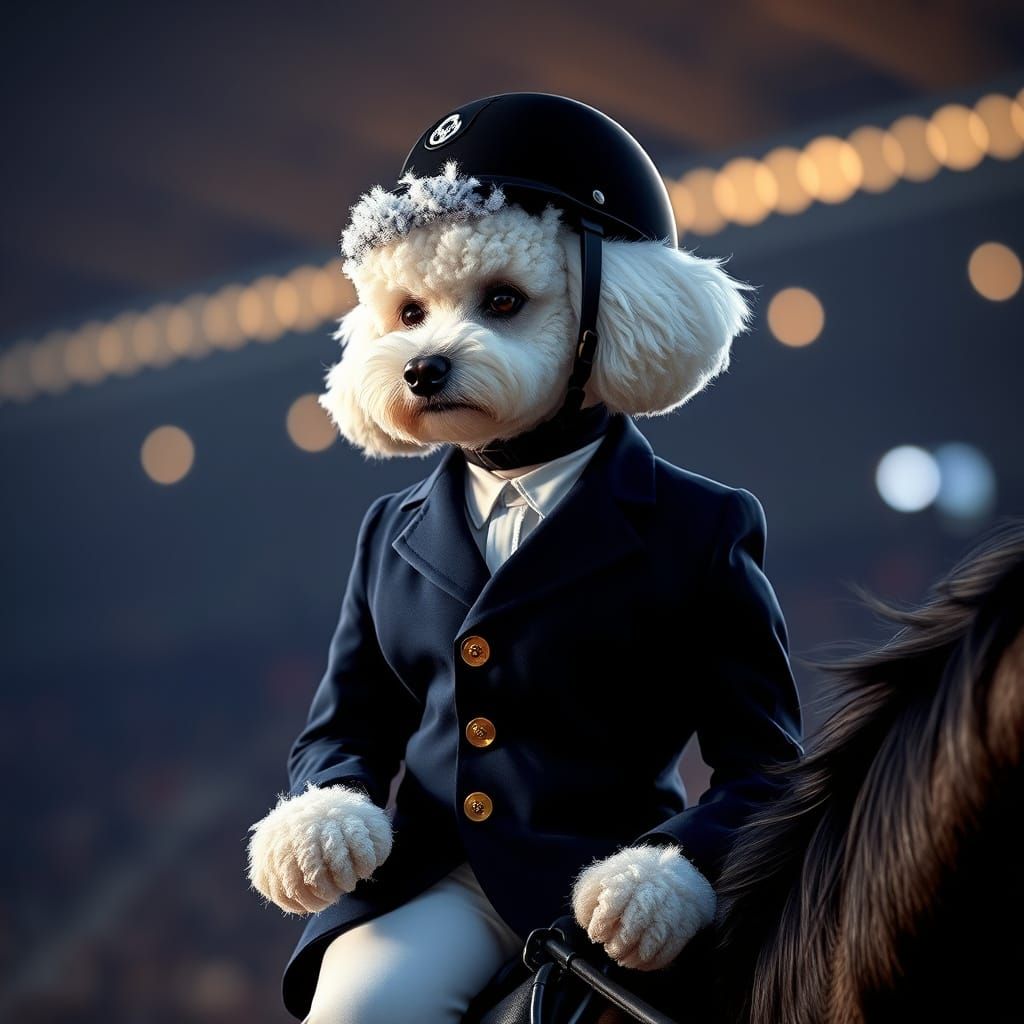 a white miniature poodle dog competing at the Equestrian event at the ...