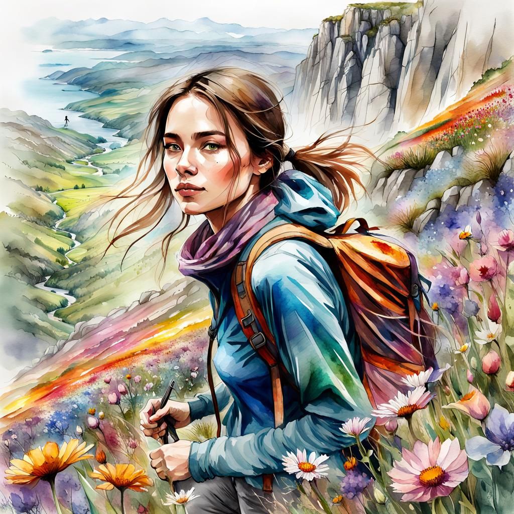 A portrait of a beautiful young lady hiker exploring a mountain - AI ...