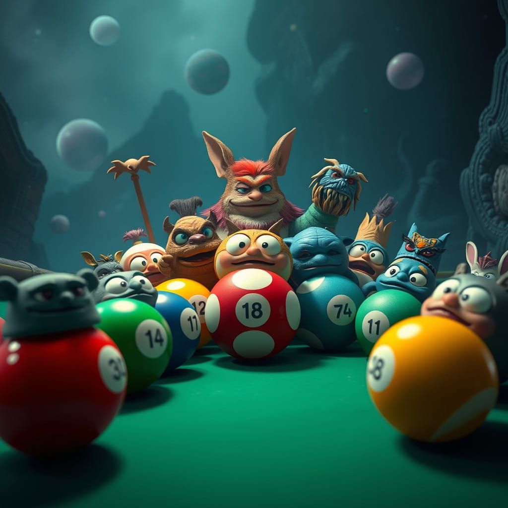 Whimsical Snooker Ball Assembly in Dreamlike Setti... - AI Art