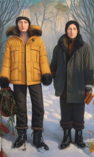 A woman and a man in Winter clothes surrounded by Spring flowers. - AI ...