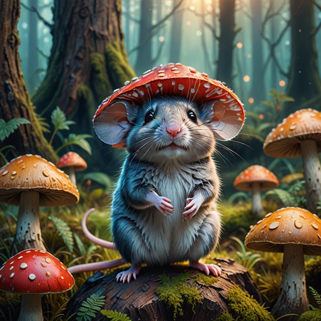 mouse - Cartoon Mouse on Mushroom in Digital Art