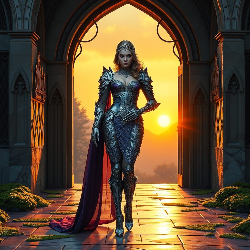 A regal female guardian stands poised before a towering gothic archway ...