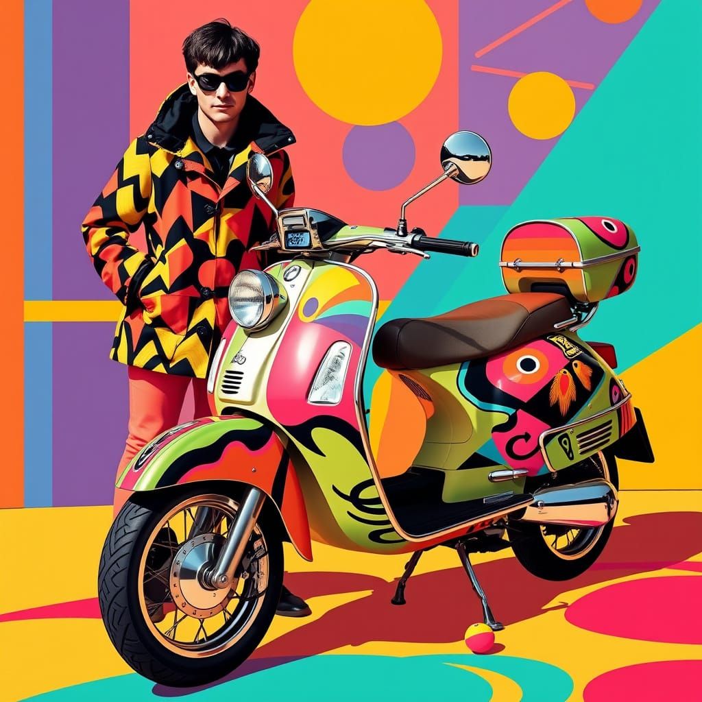 Mod wearing a parka on a mod scooter wrapped in "the attic" artwork