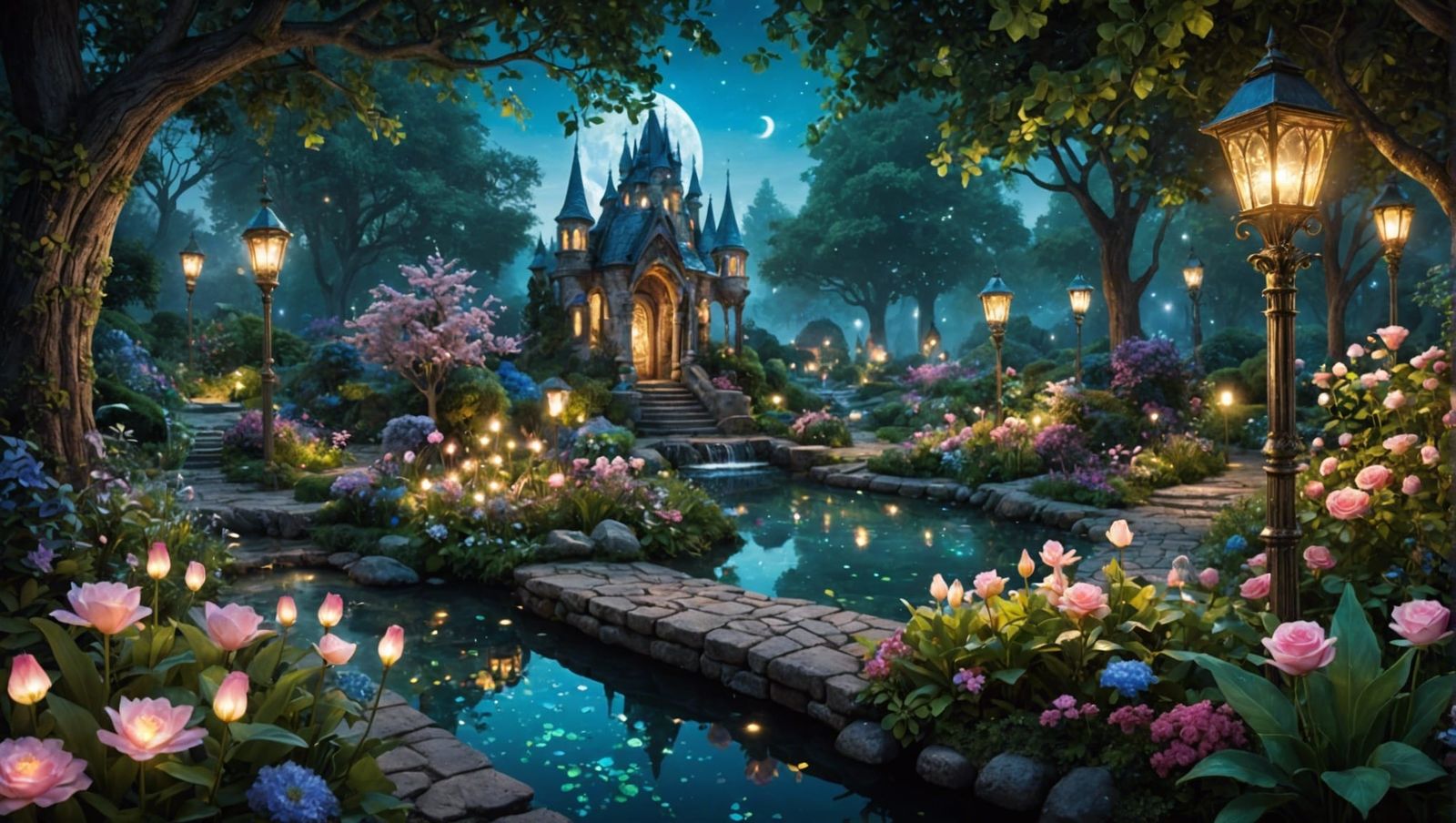 An enchanted garden at twilight, where all the flora are made of transparent and colored ...