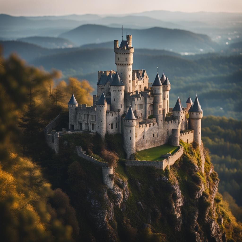 Lucid, epic, castle on a mountain, English castle on top of a mountain ...