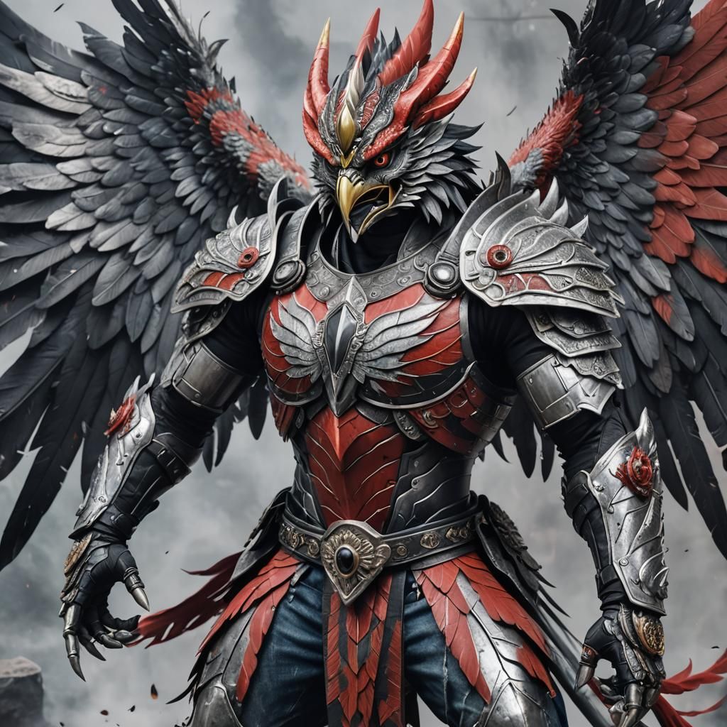 Garuda Warrior Kneeling in Heroic Pose, Digital Ar... - AI Art
