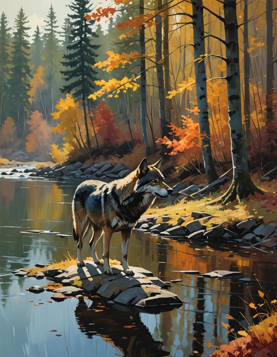 Autumn’s Echo: Wolf’s Reflection - AI Generated Artwork - NightCafe Creator