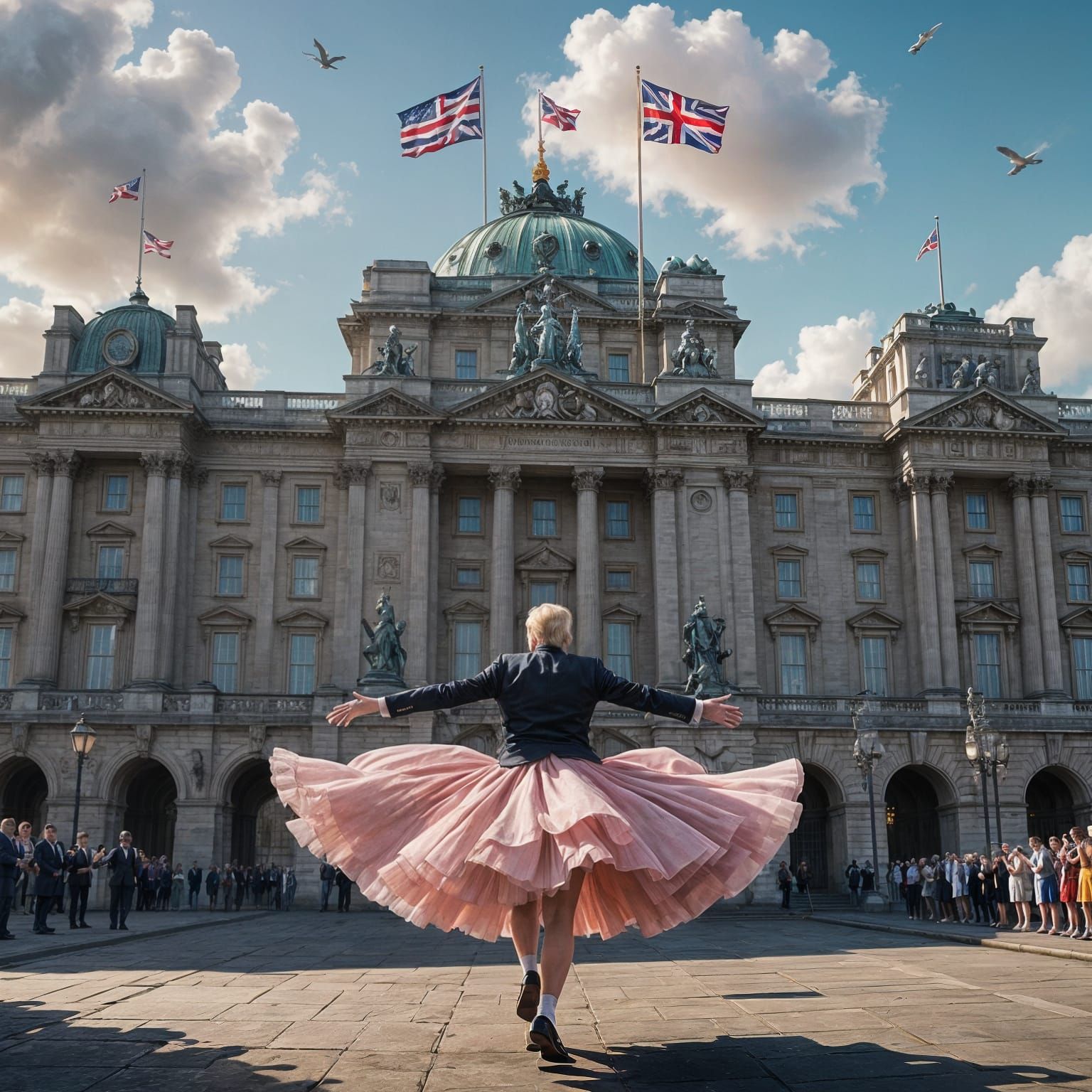 Donald Trump in a Tutu atop Buckingham Palace in F... - AI Art