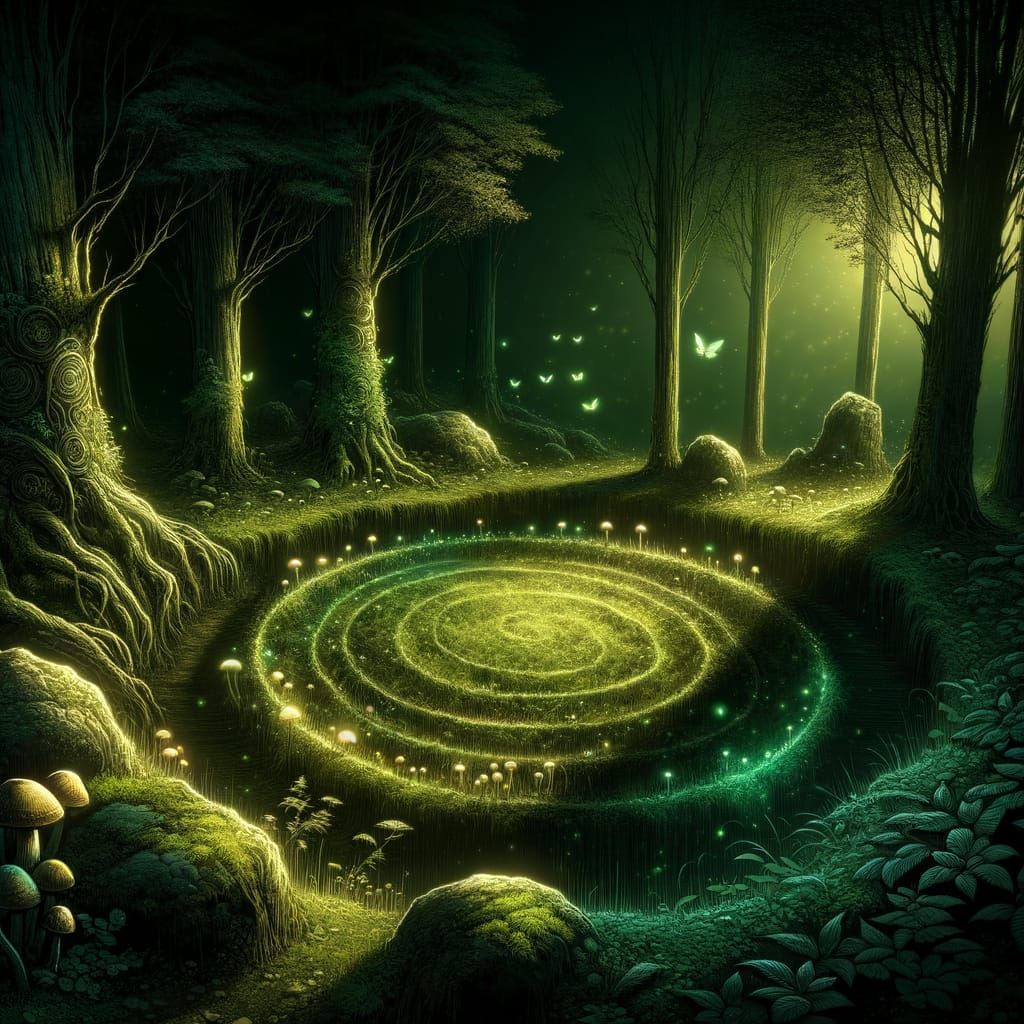 A circular forest clearing at night, softly lit by glowing mushrooms ...
