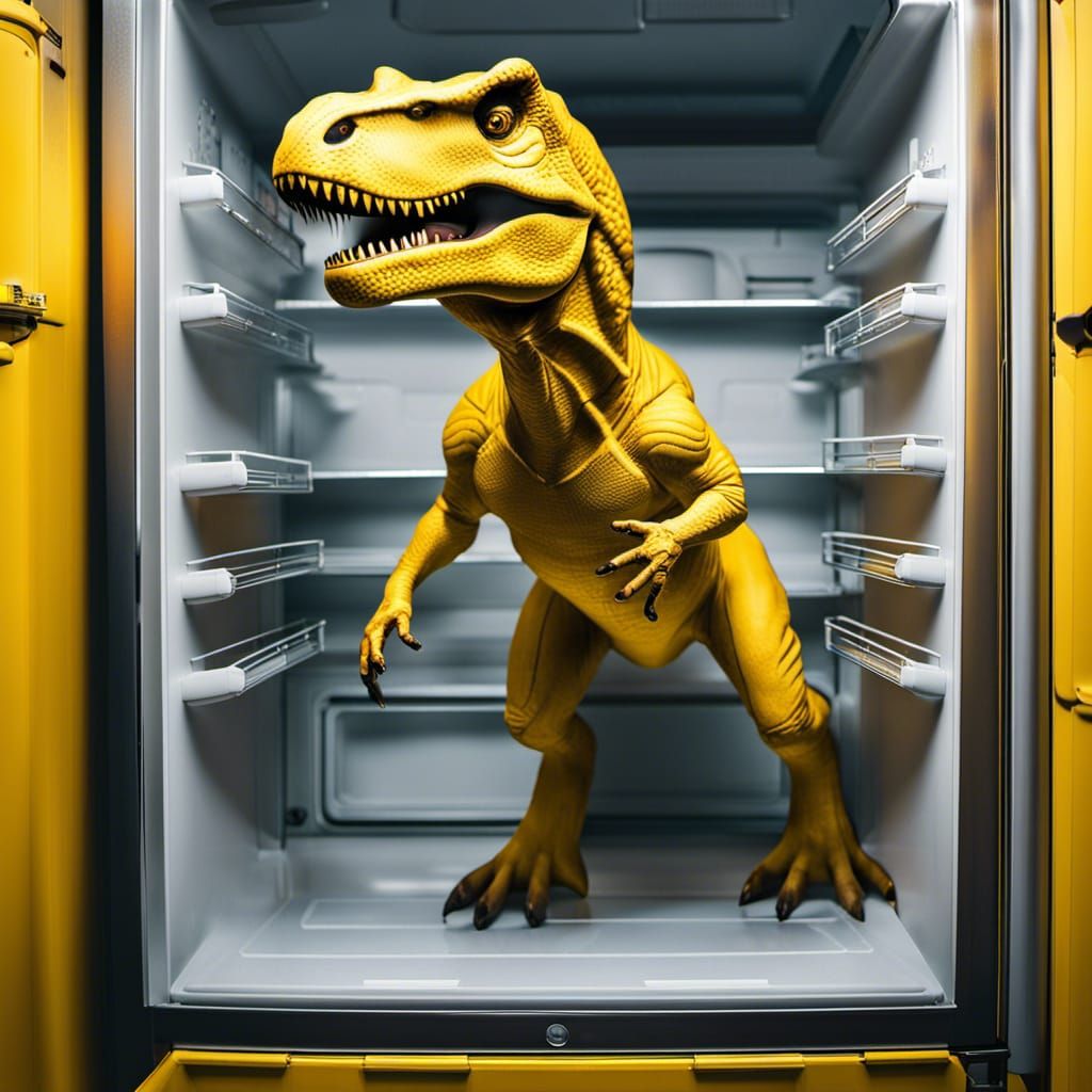 Yellow T- rex parachutes out of a refrigerator - AI Generated Artwork ...