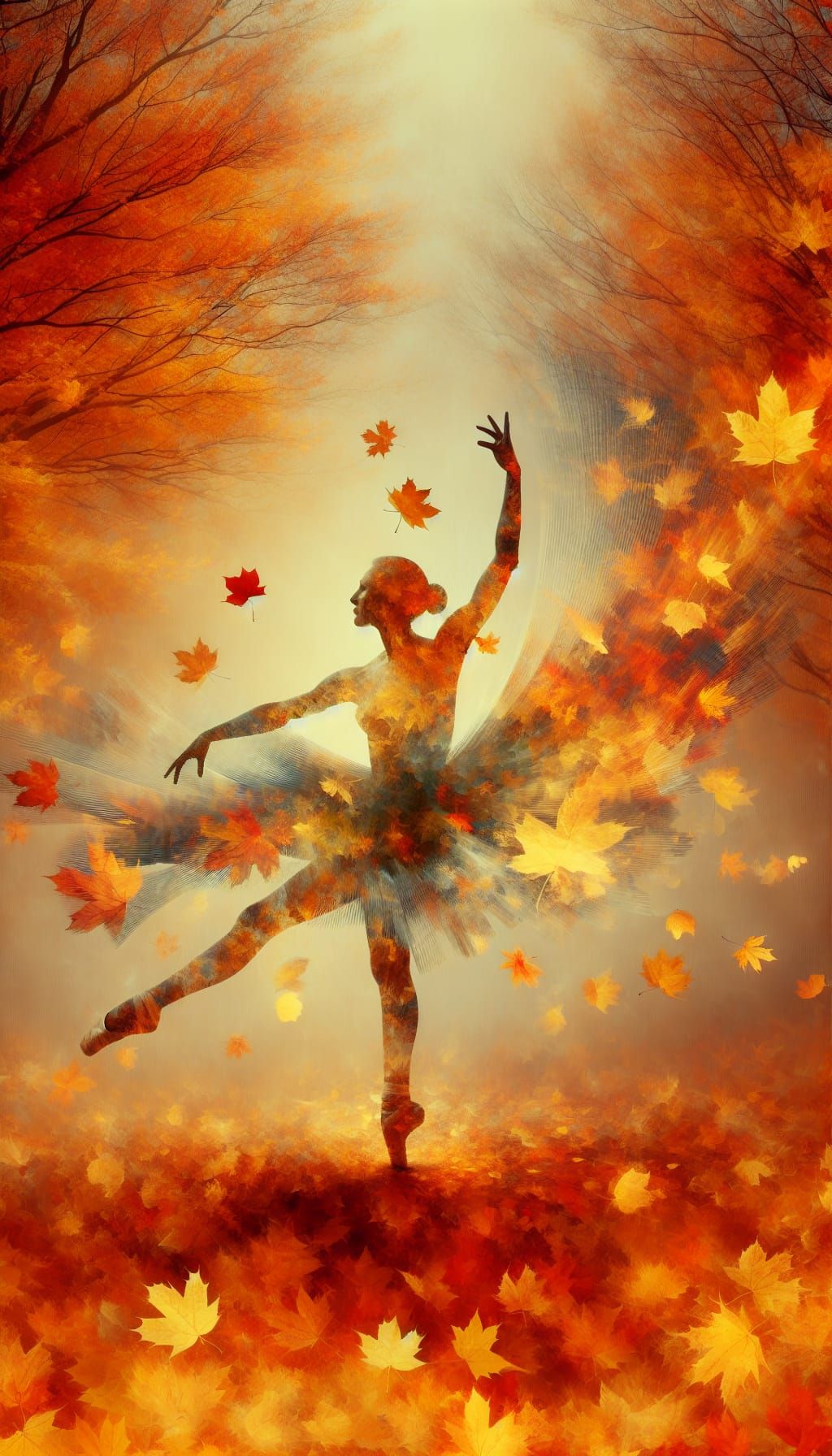 Dancing figure merging with autumn leaves