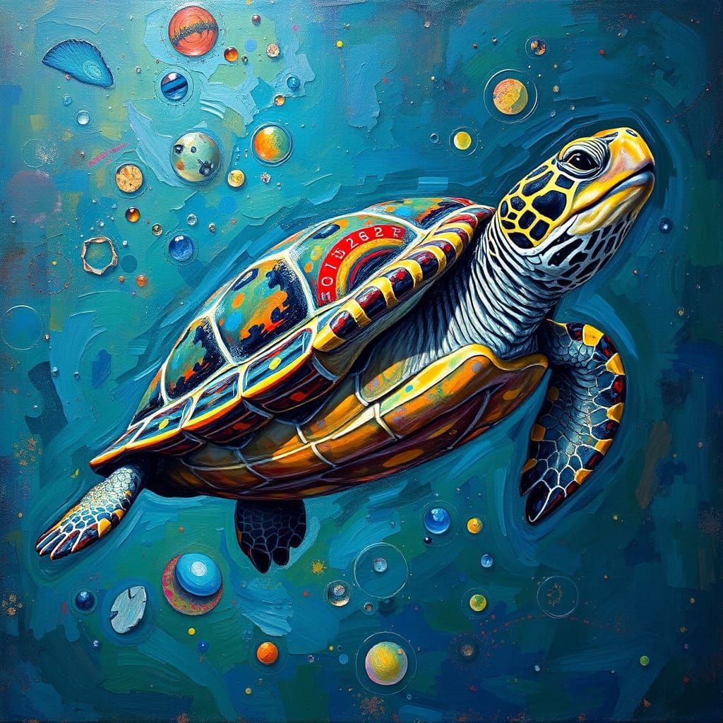 Realistic oil painting. Fractal.Psychedelic turtle. Impasto.