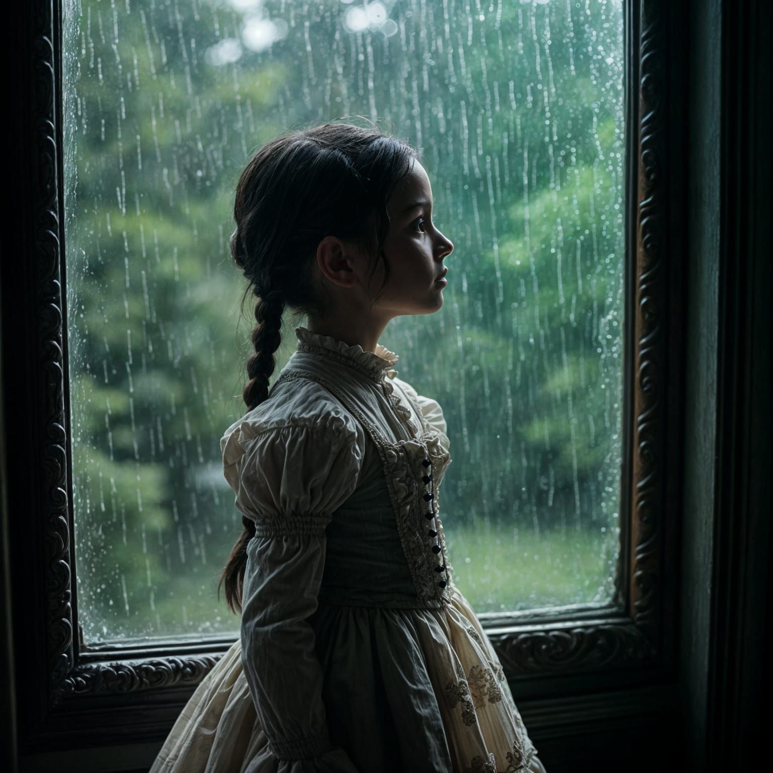 Wistful Victorian Girl Gazing into Rainy Window in... - AI Art