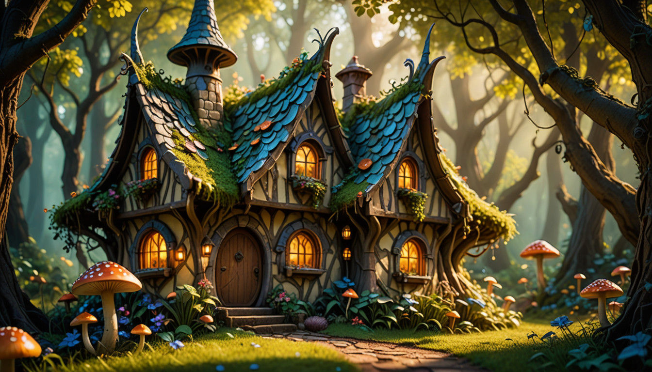 a magical cottage - Ethereal Elven Cottage Amidst Glowing Mu...