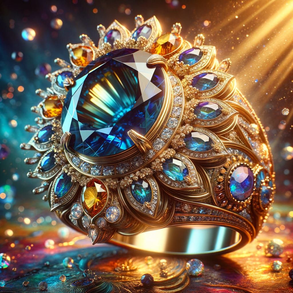 Gothic Golden Ring with Sapphire and Opals - AI Art