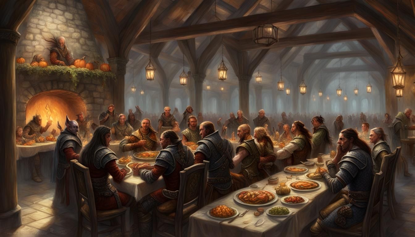 Heartwarming Thanksgiving in a large Mead Hall in Skyrim, perfect faces ...