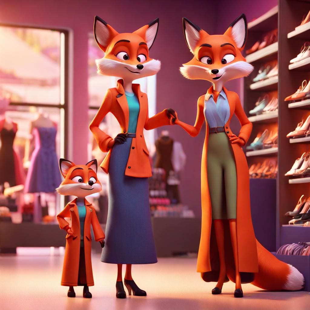 fox lady with her daughter fox, working at their fashion store. Pixar ...
