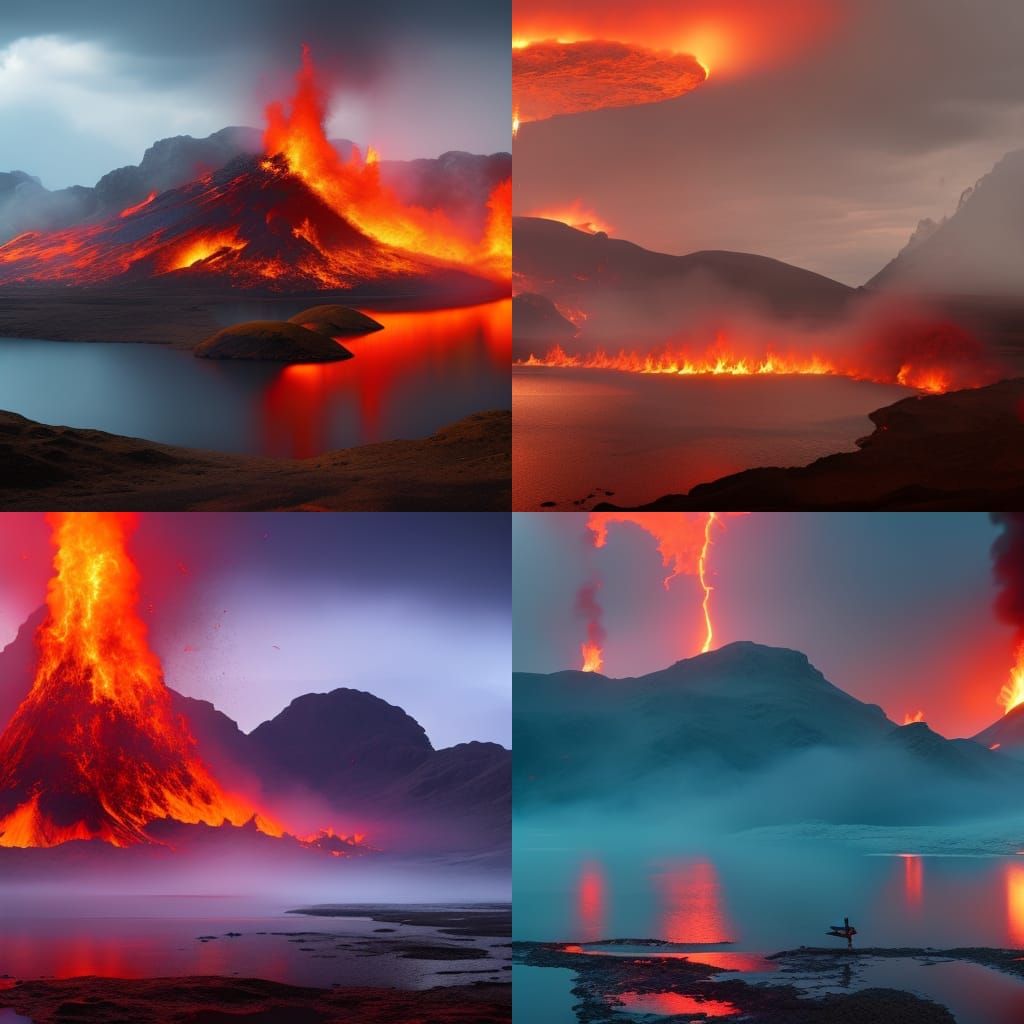 landscape in hell. A burning lake of fire. Dark sky. erupting volcanoes ...