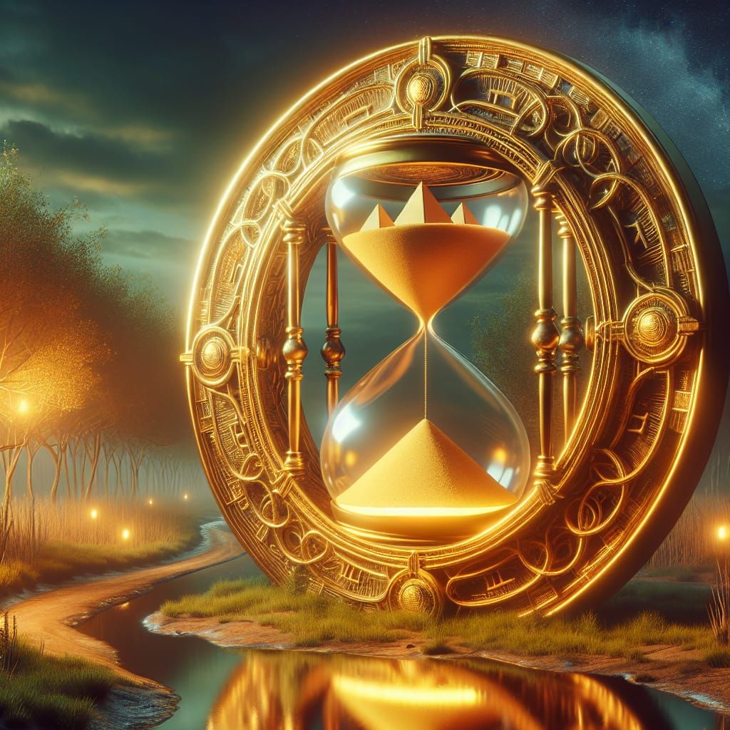 towering intricately ornate gold hourglass in center of a time machine ...