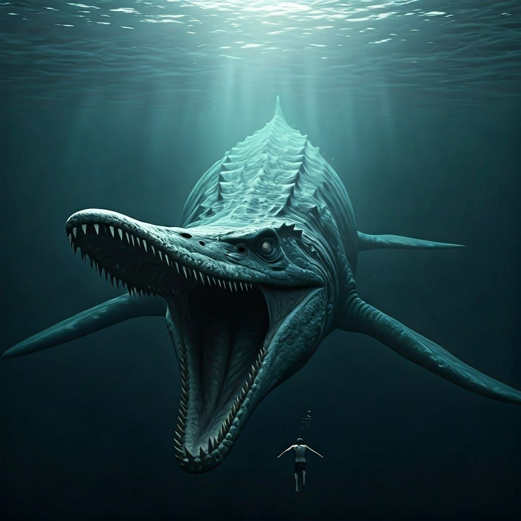 Colossal Prehistoric Mosasaur Emerges from Dark Ab... - AI Art