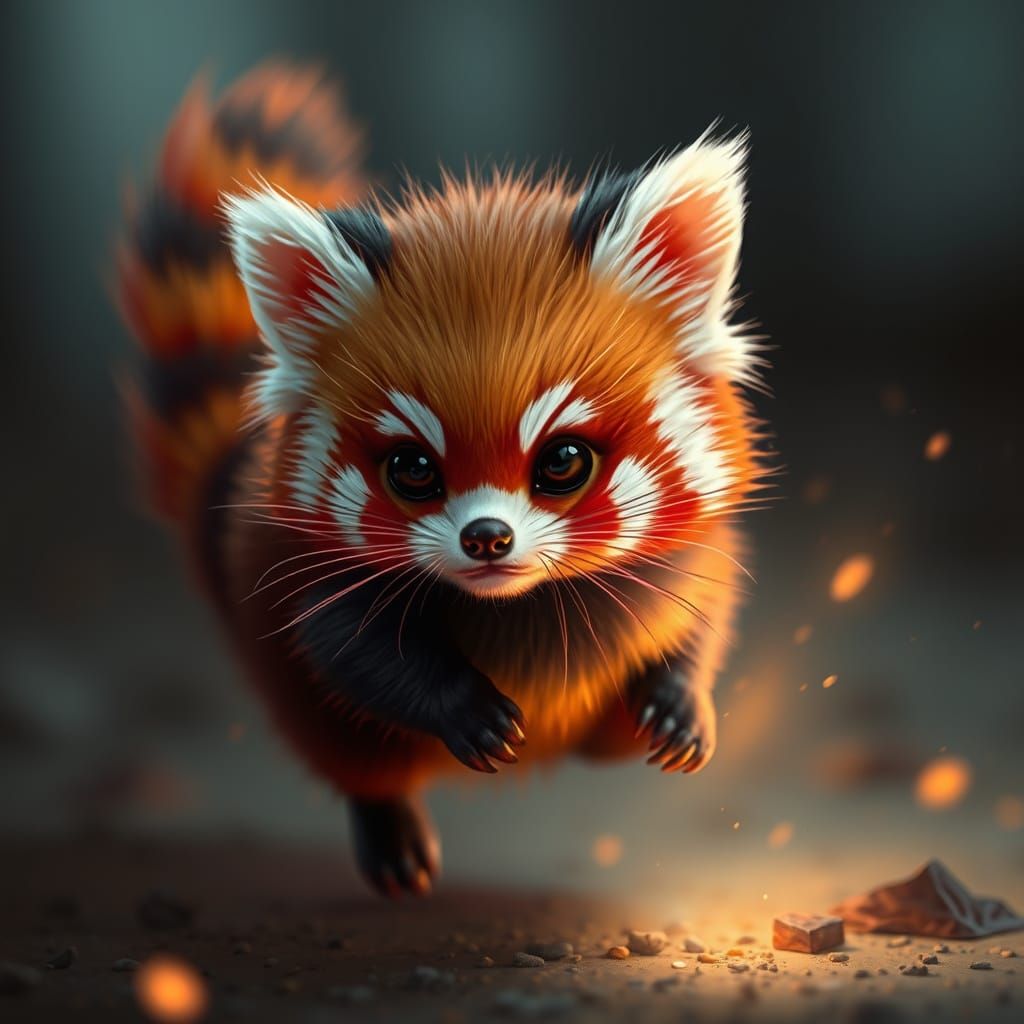 A small red panda and titmouse hybrid with bright, multicolored fur ...