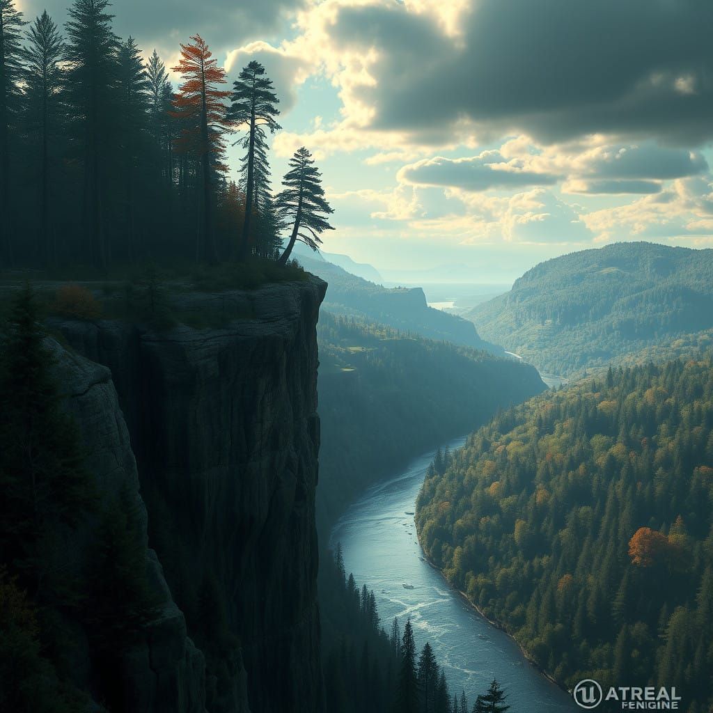 Ethereal Fantasy Landscape: Cliffside Riverwood Pa... - AI Art