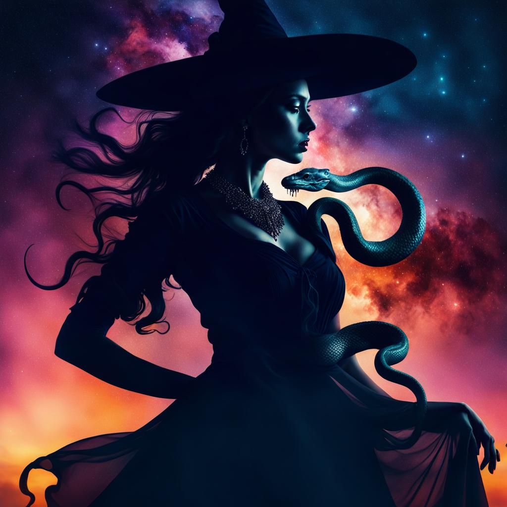 dark sunset, double exposure of silhouette witch holding a python ...