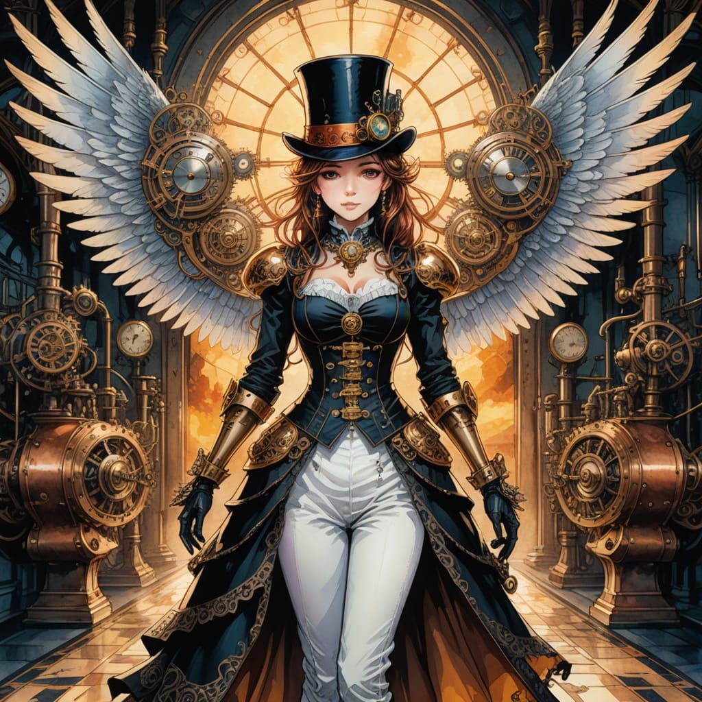 Steampunk Noble Lady with Clockwork Wings Manga Po... - AI Art