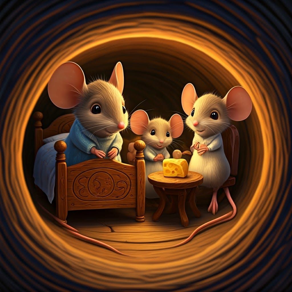 3D Pixar cartoon style, A cozy family of mice huddled in their warm ...