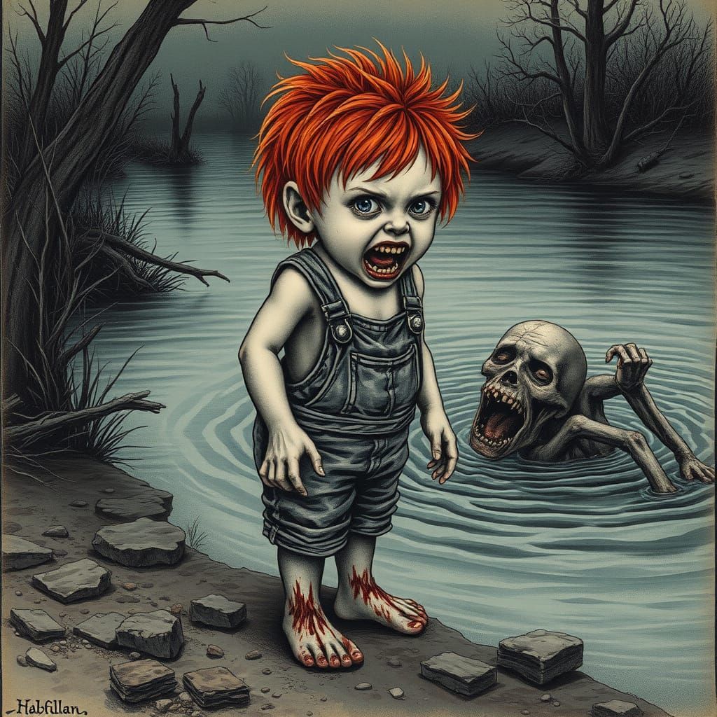 Terrorized Hillbilly Child Confronts River Zombie - AI Art