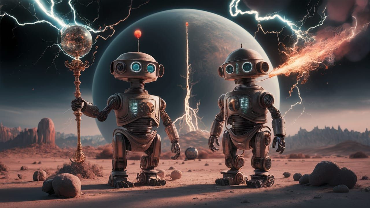 Trurl and Klapauscius thin spindly cybercore robot... - AI Art