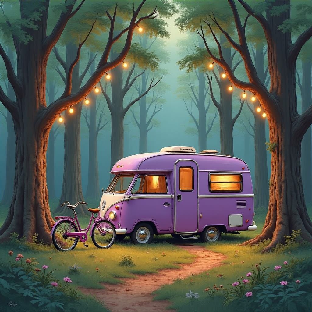 Purple Rv out in the woods, lights strung up in the trees, bicycle