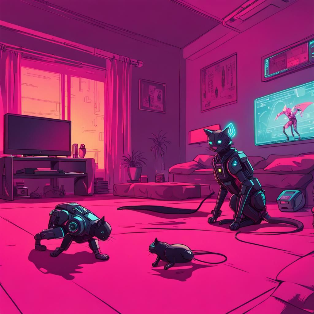 Two scary hyperrobotic cats with iron paws and titanium body playing in ...