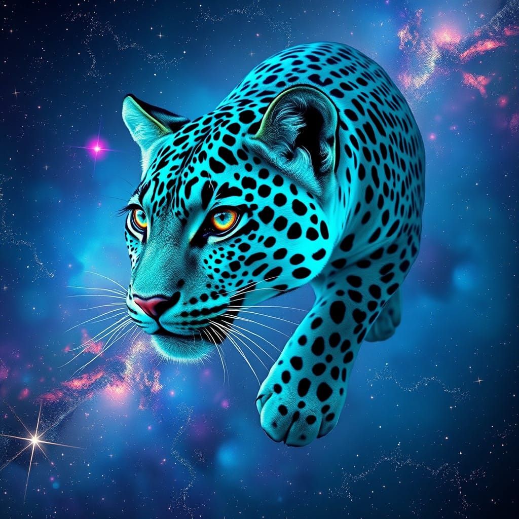 leopard - Celestial Leopard Radiates Stardust in Turquoise N...
