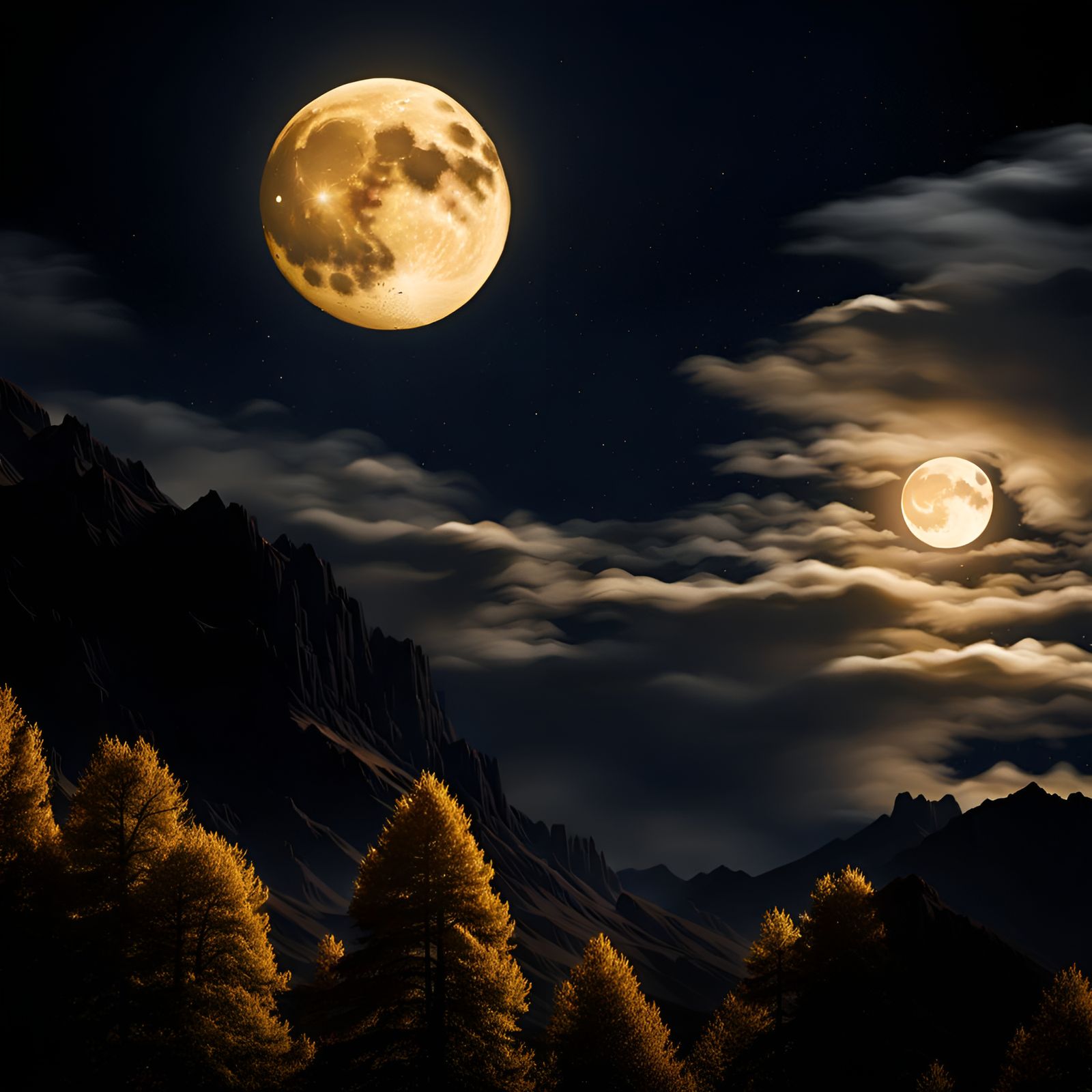 The 2 moons rise gold against the dark sky - AI Generated Artwork ...