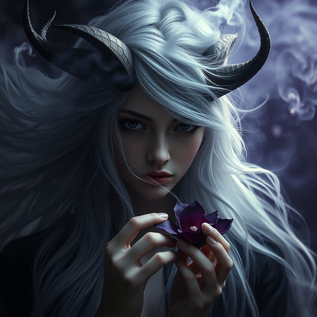 Ethereal Goddess Emerges from Smoky Vapors in Dark... - AI Art