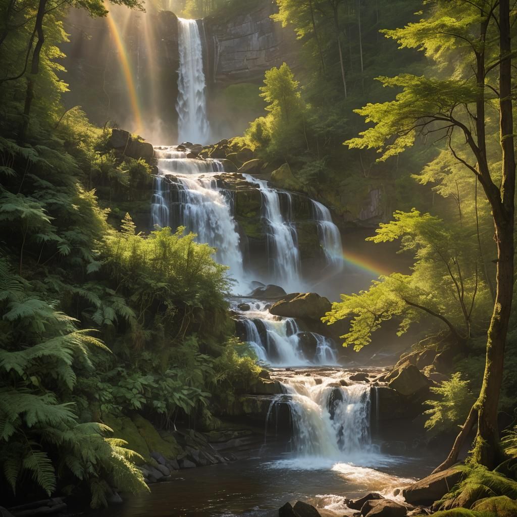 Sparkling Waterfall - Warm Morning Waterfall Scene in a Sere...