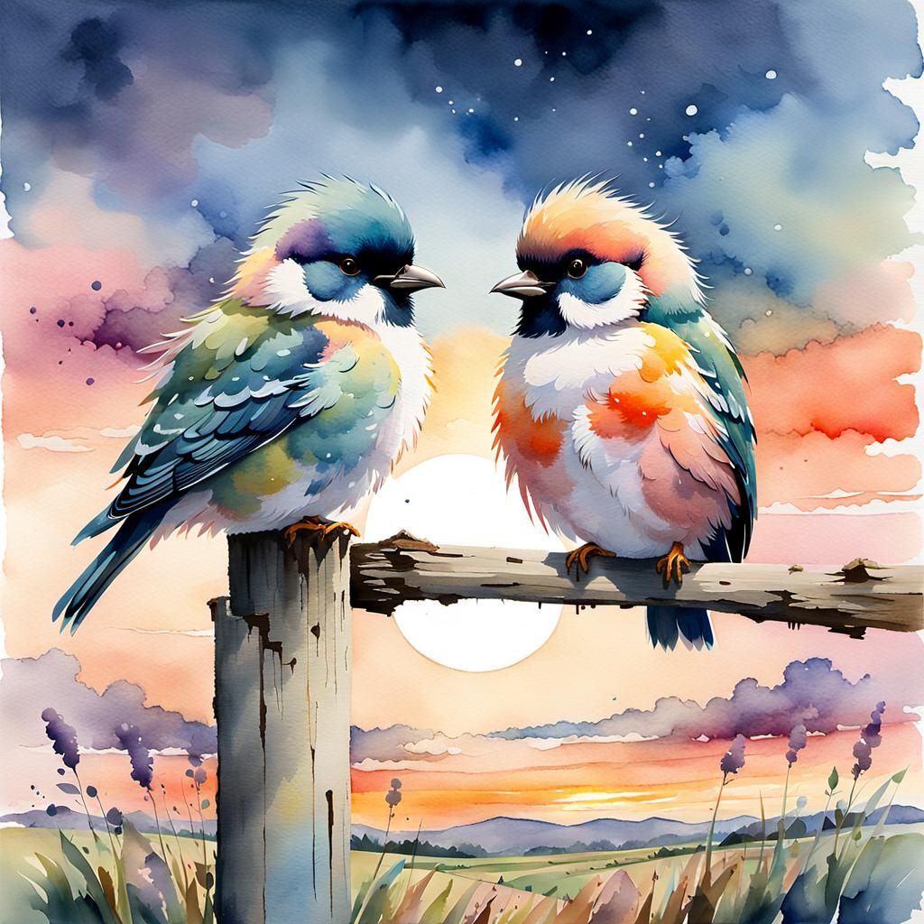 Fluffy Birds on a Post - AI Generated Artwork - NightCafe Creator