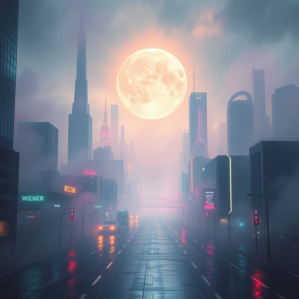 Surreal Cityscape in Iridescent Mist on a Stormy N... - AI Art