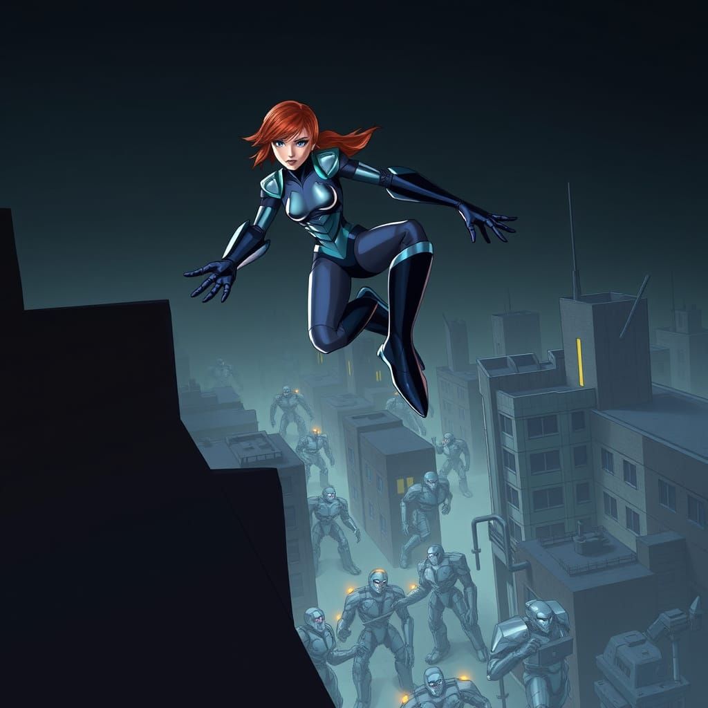 Feminine Mega Man X Merges with Shadows on Rooftop - AI Art