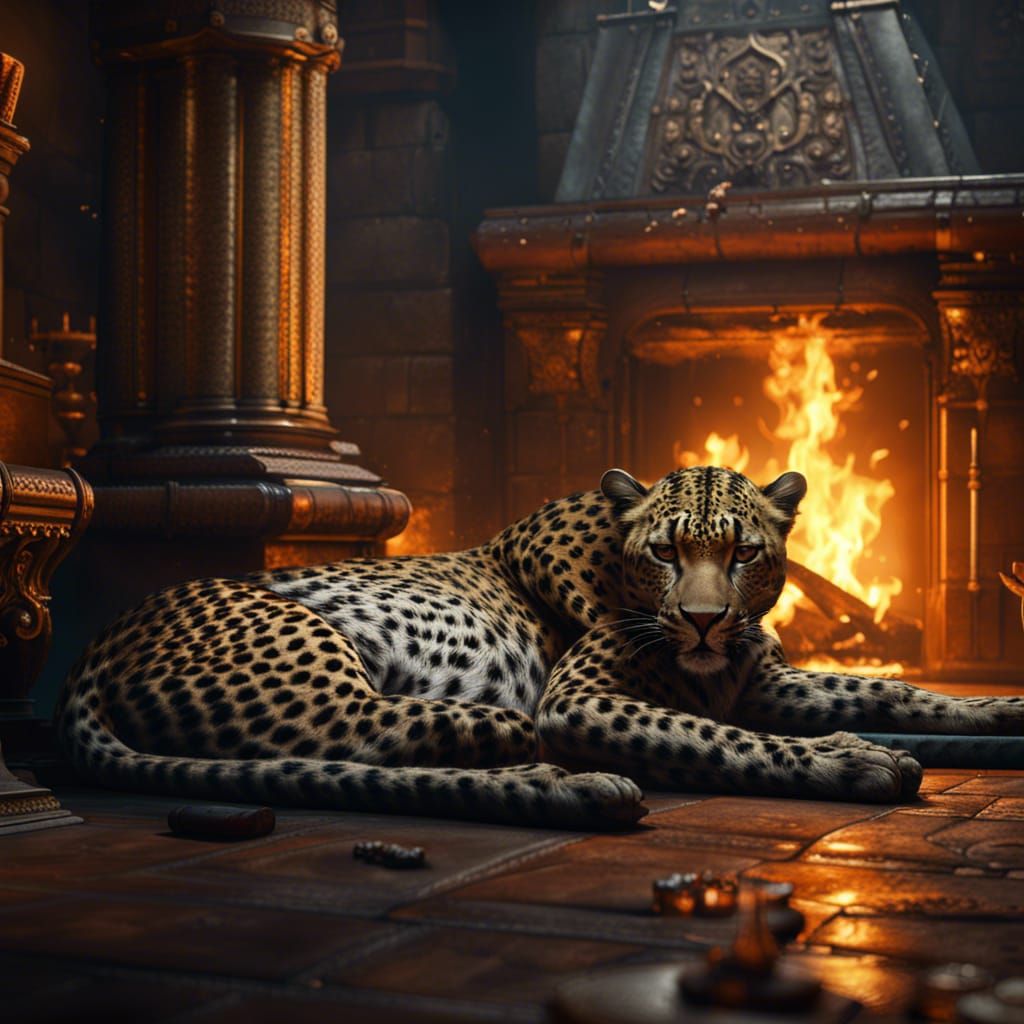 leopard lying in front of a large fireplace of a castle - AI Generated ...