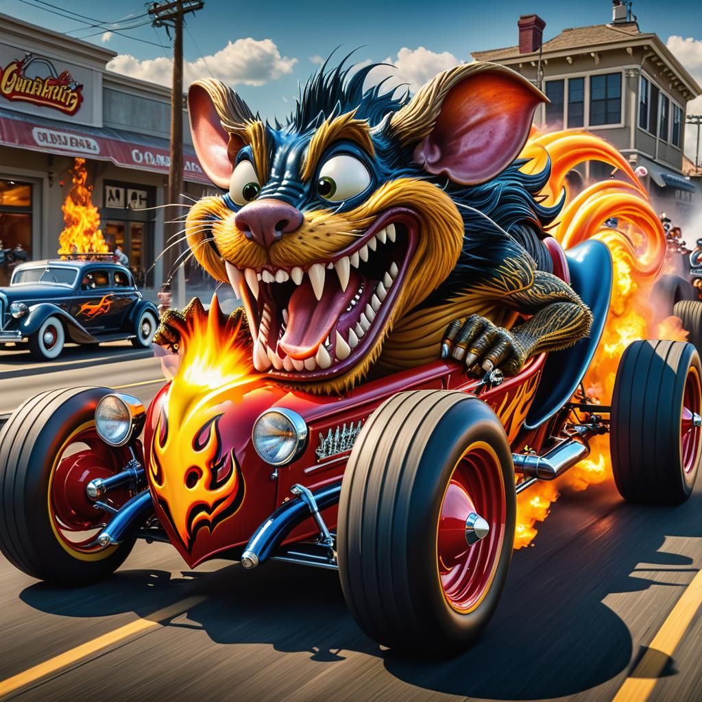 Giant Ratfink monster Ed Roth driving hot rod with flames coming out of ...