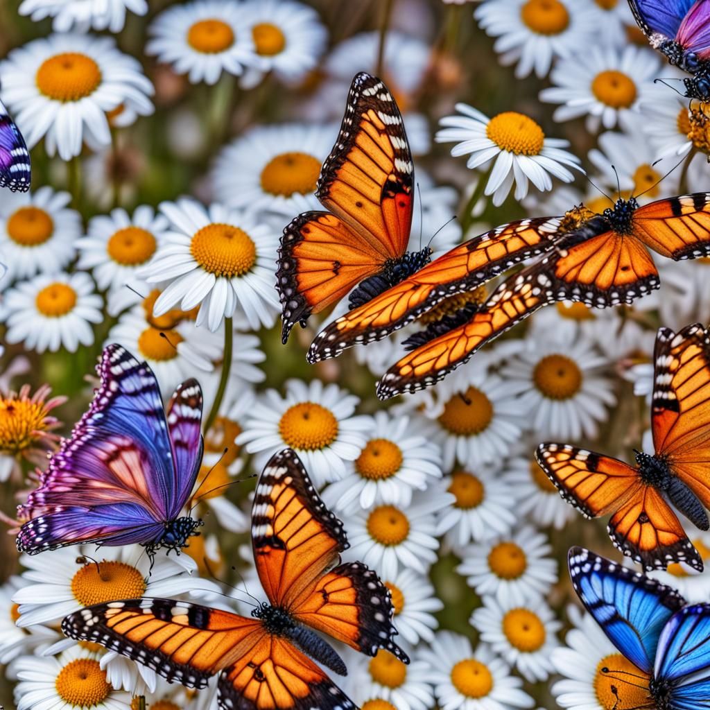 Colorful butterflies drinking nectar from daisies, intricate details ...