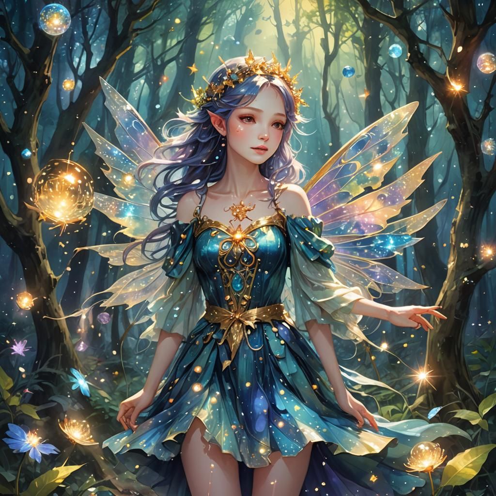 (cosmic fairy in the enchanted forest; sparkles:1.2);watercolor ...