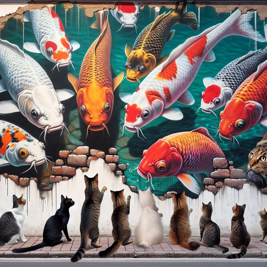 Vibrant Graffiti Wall with Hyper-Realistic Koi Fis... - AI Art