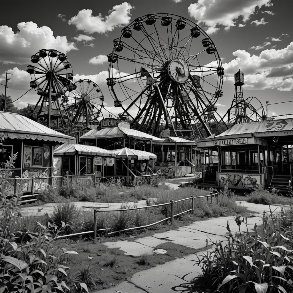 Comic Noir Expressionism an abandoned amusement park, weeds, broken ...