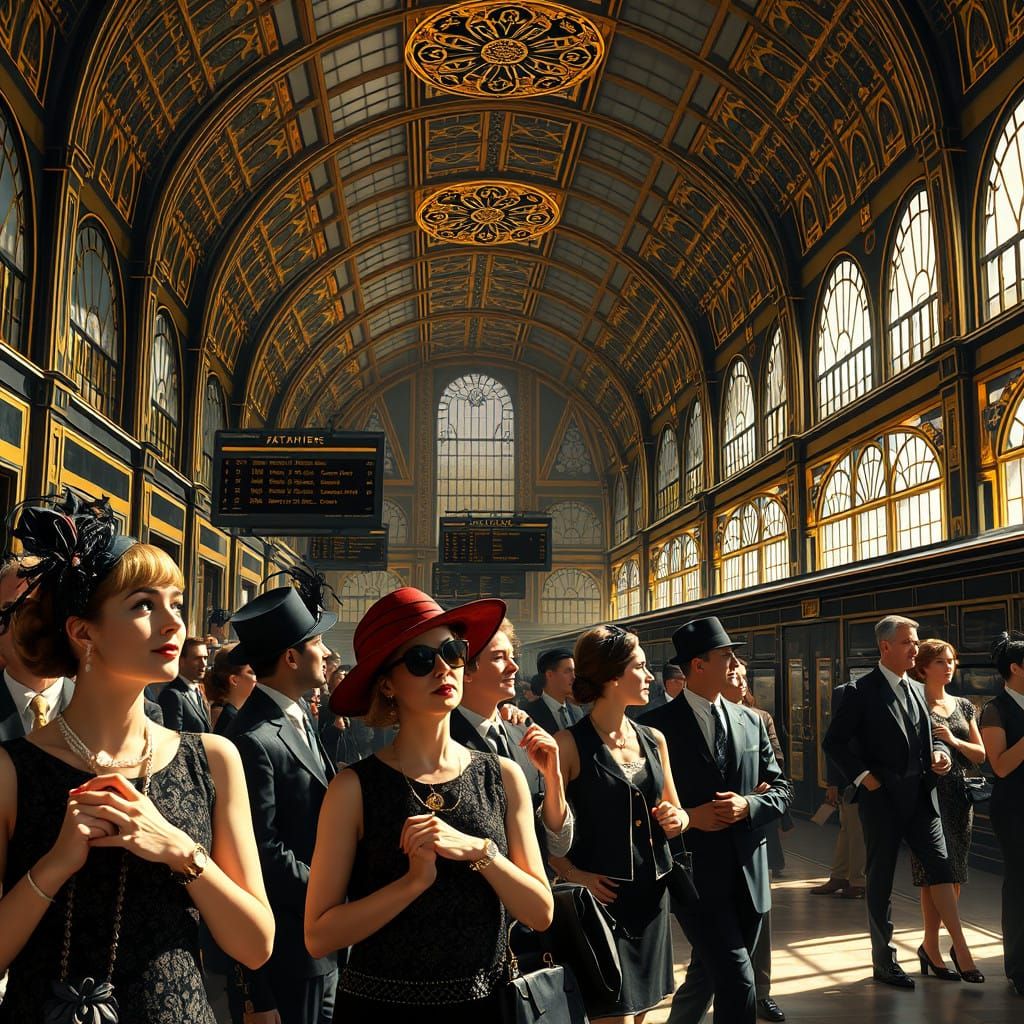 Elegant Passengers in Opulent Art Deco Train Stati... - AI Art