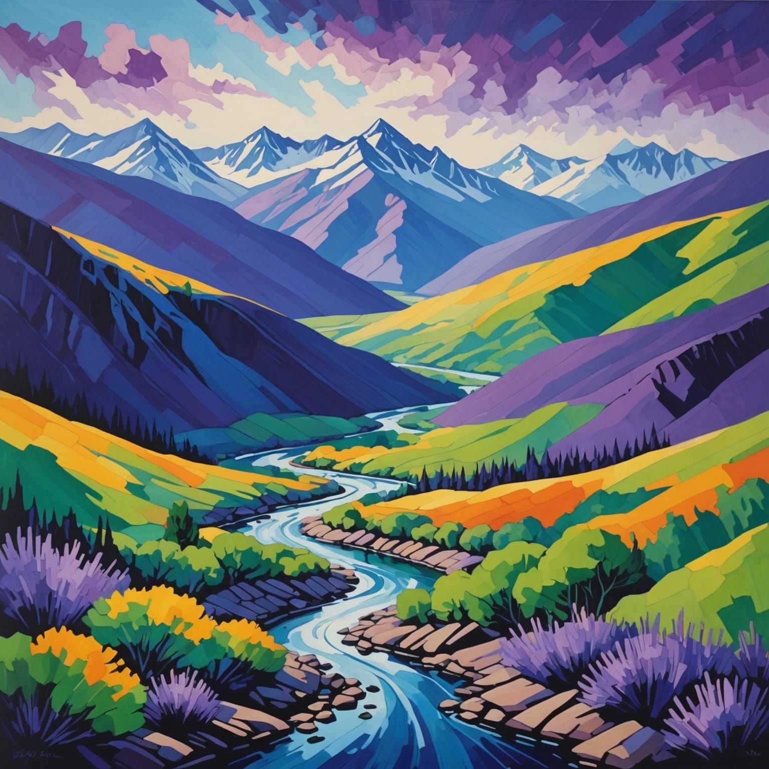 an expansive Colorado mountains, rivers, and valleys abstract landscape ...